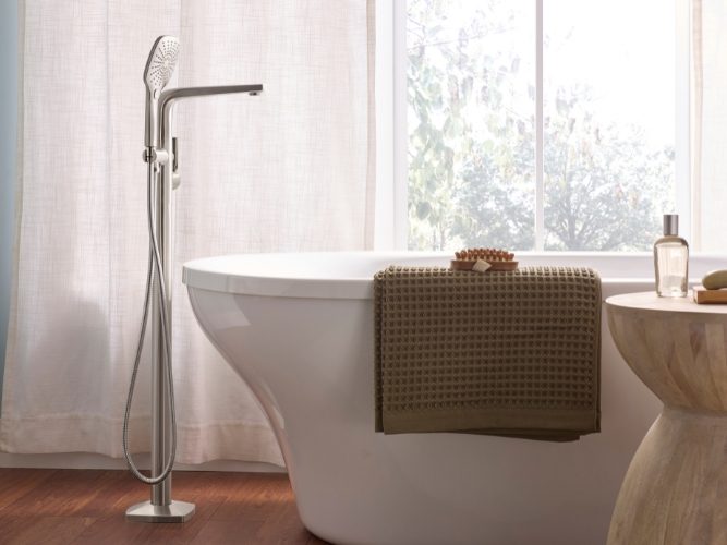 Gerber Transitional Floor Mount Tub Filler Trim Kit with Soft Square Handshower | phcppros